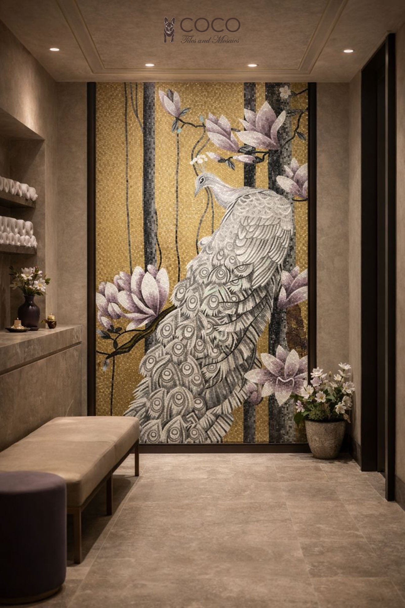 Mosaic Art | Magnolia Majesty | Ivory and Gold Peacock Mosaic Mural ...