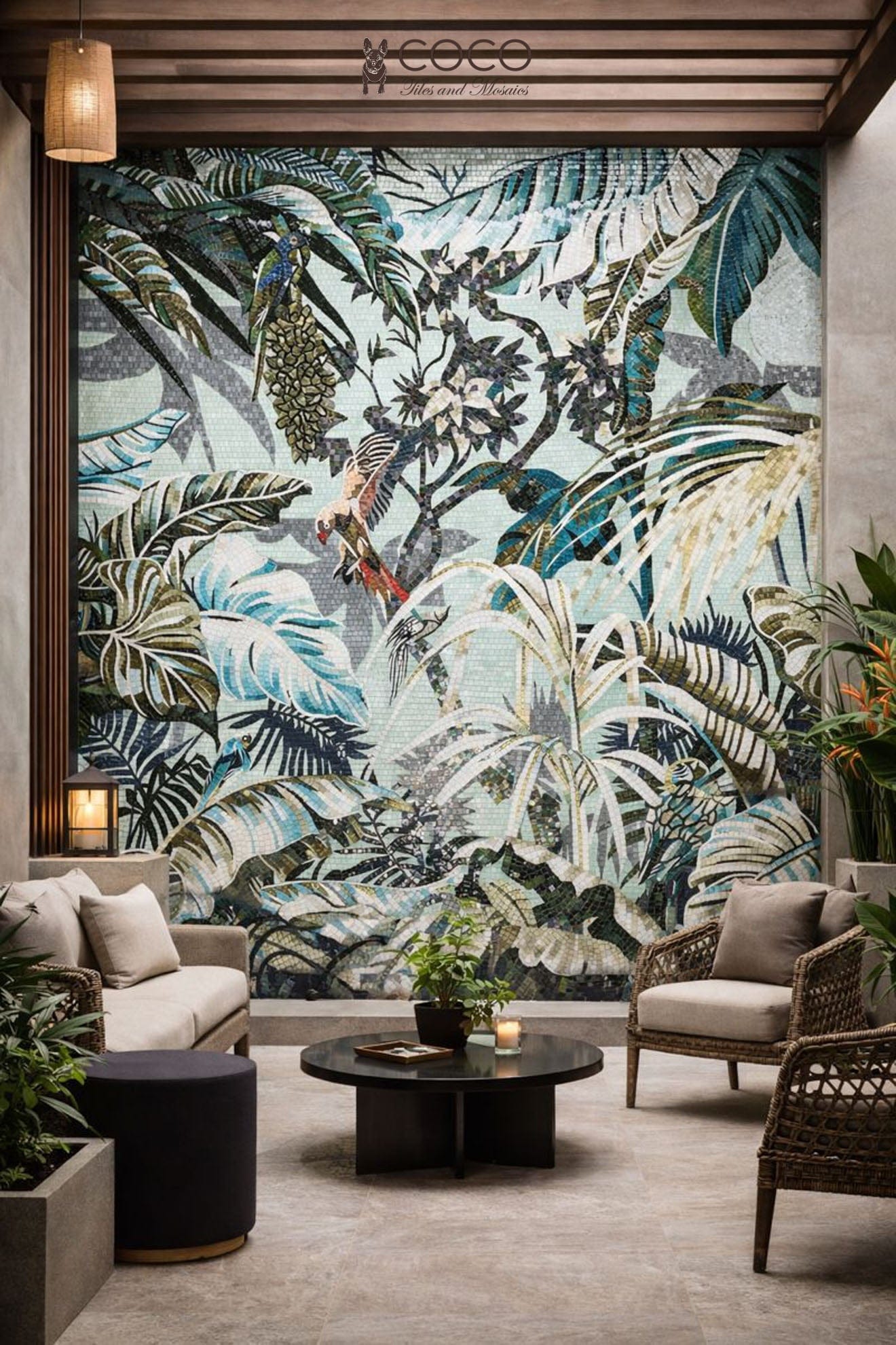 Wall Mosaic | Parrot's Haven | Dusk in the Jungle Mosaic Mural | Pink ...