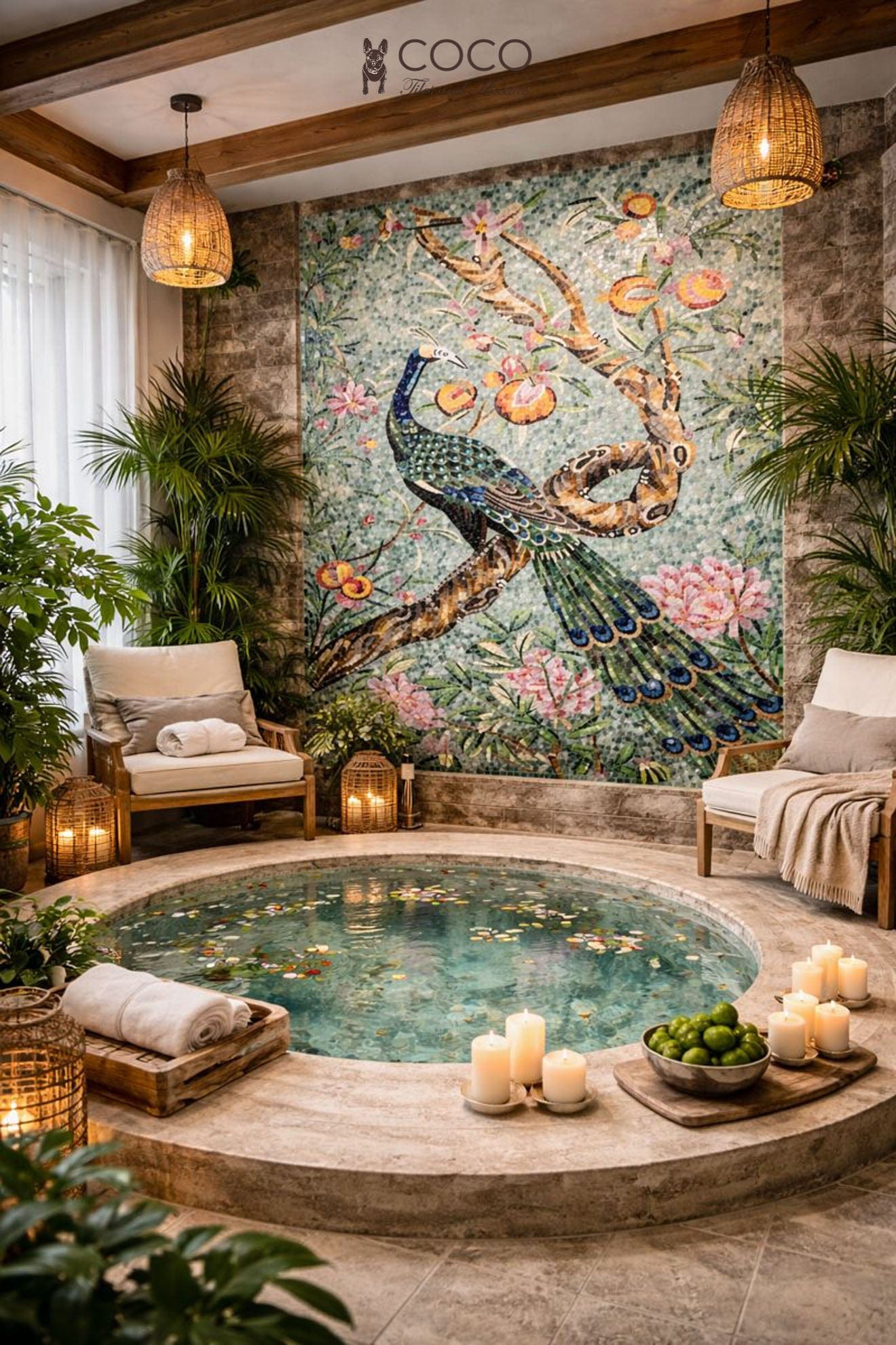 Mosaic Art | Peacock in Bloom | Peacock and Peach Tree Mosaic Mural ...