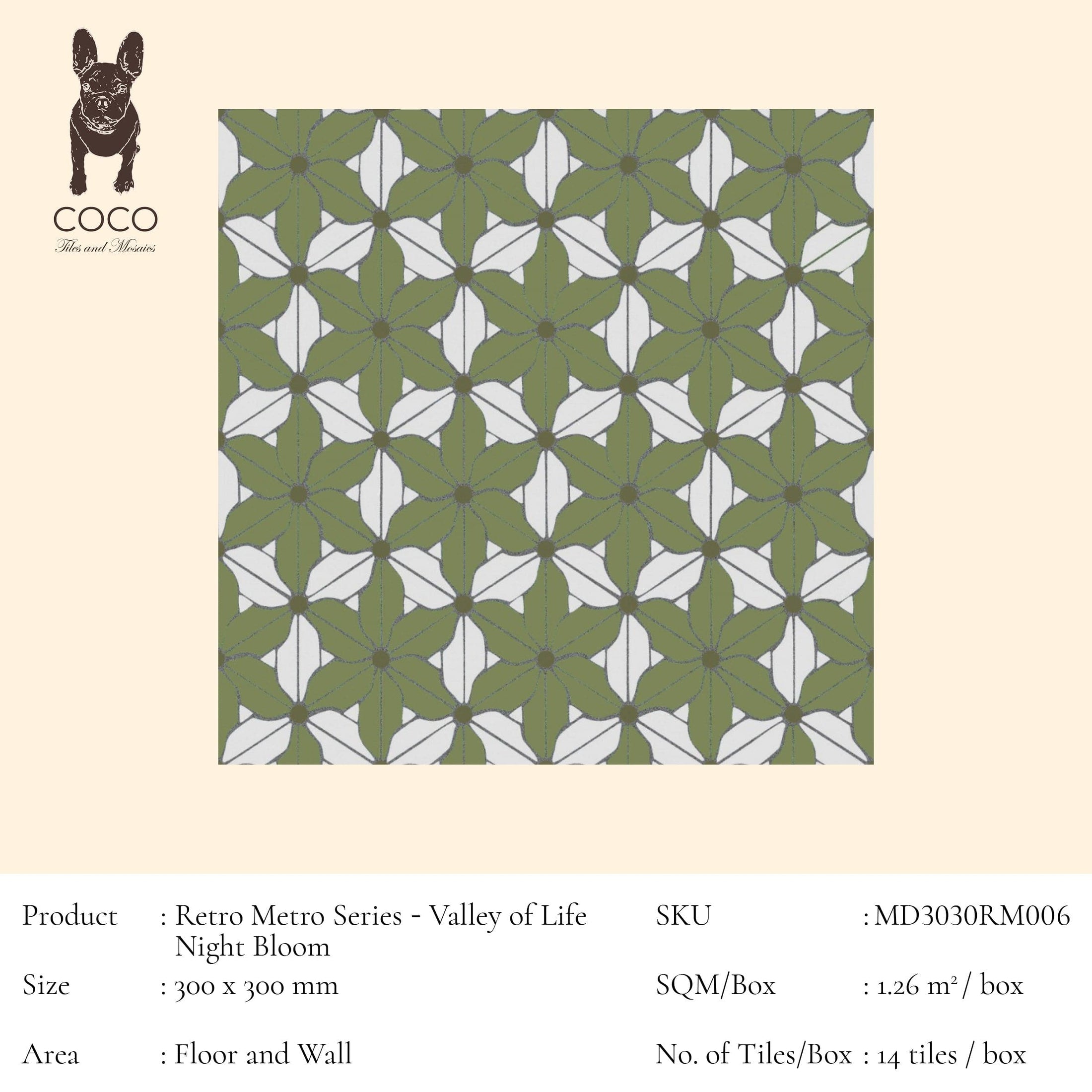 Retro Metro Series - Valley of Life Night Bloom 300x300mm Ceramic Tile ...