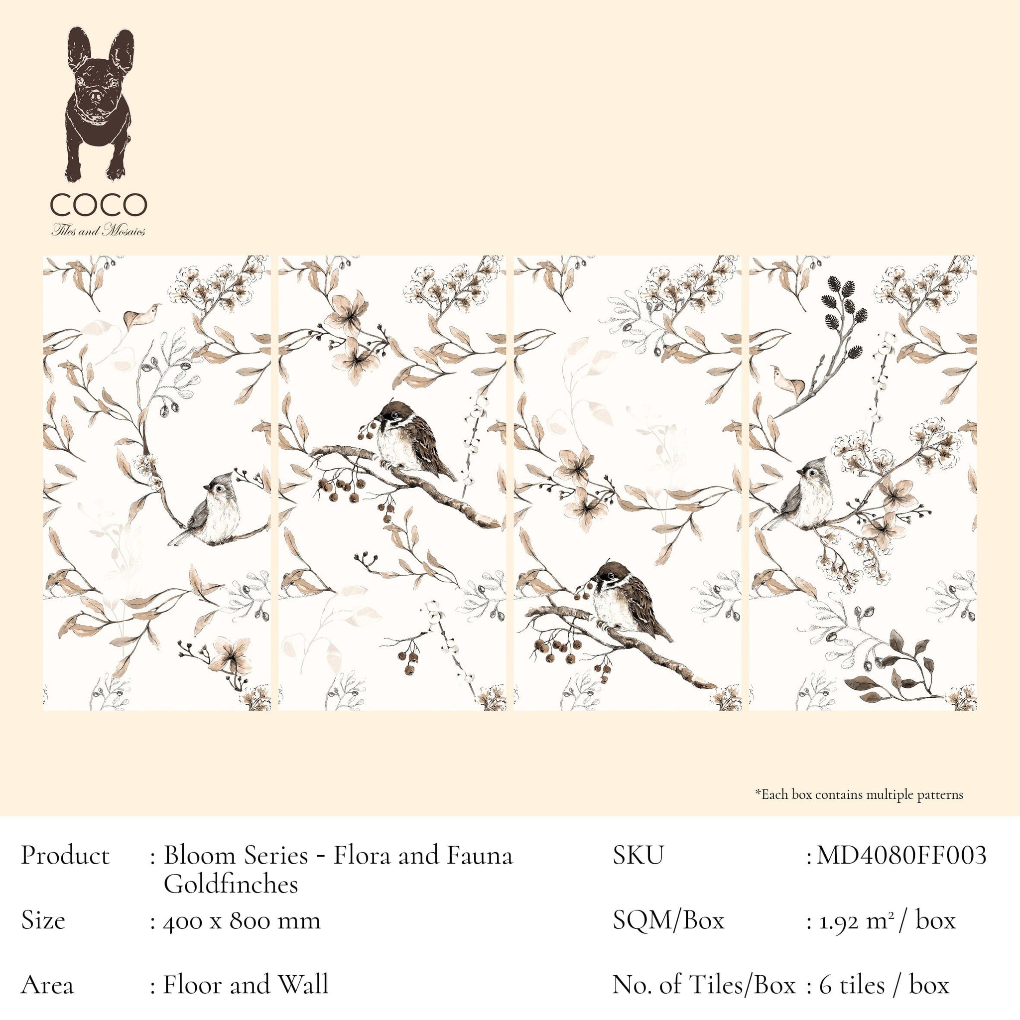Bloom Series - Flora and Fauna Goldfinches 400x800mm Ceramic Tile ...
