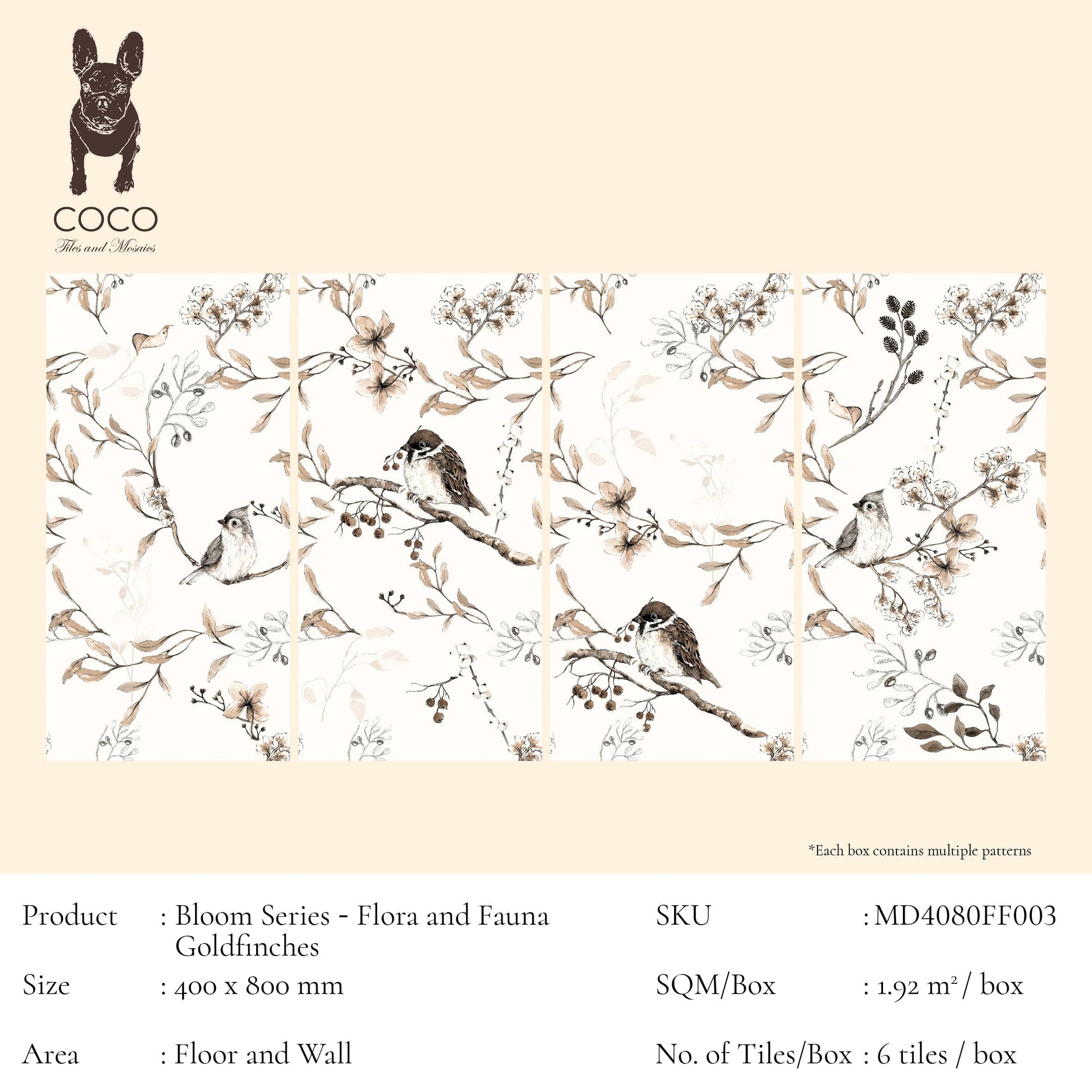 Bloom Series - Flora and Fauna Goldfinches Satin 400x800mm Ceramic Til ...