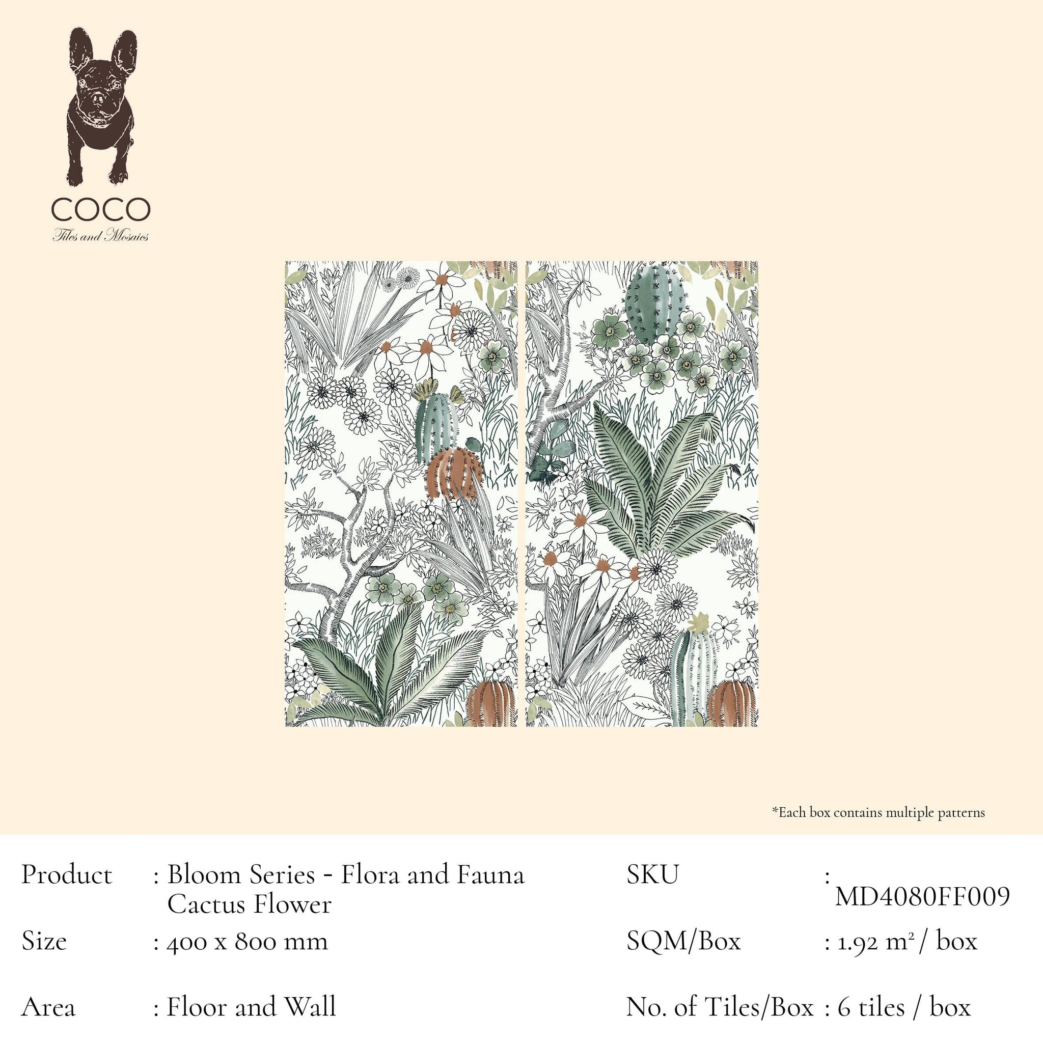 Botanical Cactus Flower Wallpaper Tile | Flora & Fauna Bloom 400x800mm ...
